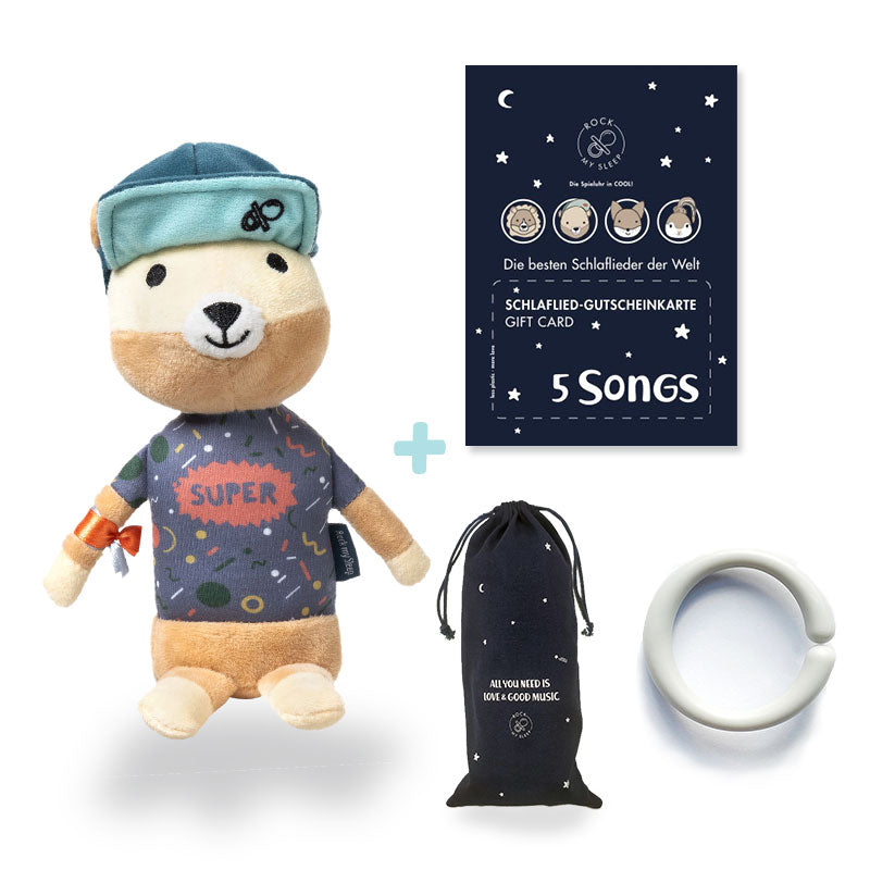 Schlaf-Gut-Set: Jay der Bär, Spieluhr mit 5 Songs und Klemmring – Rock my Sleep